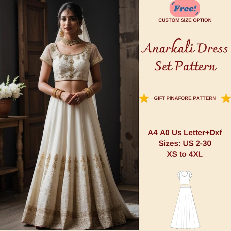 Anarkali Dress Set Sewing Pattern, Indian Wedding Dress (XS-4XL) (PDF ...
