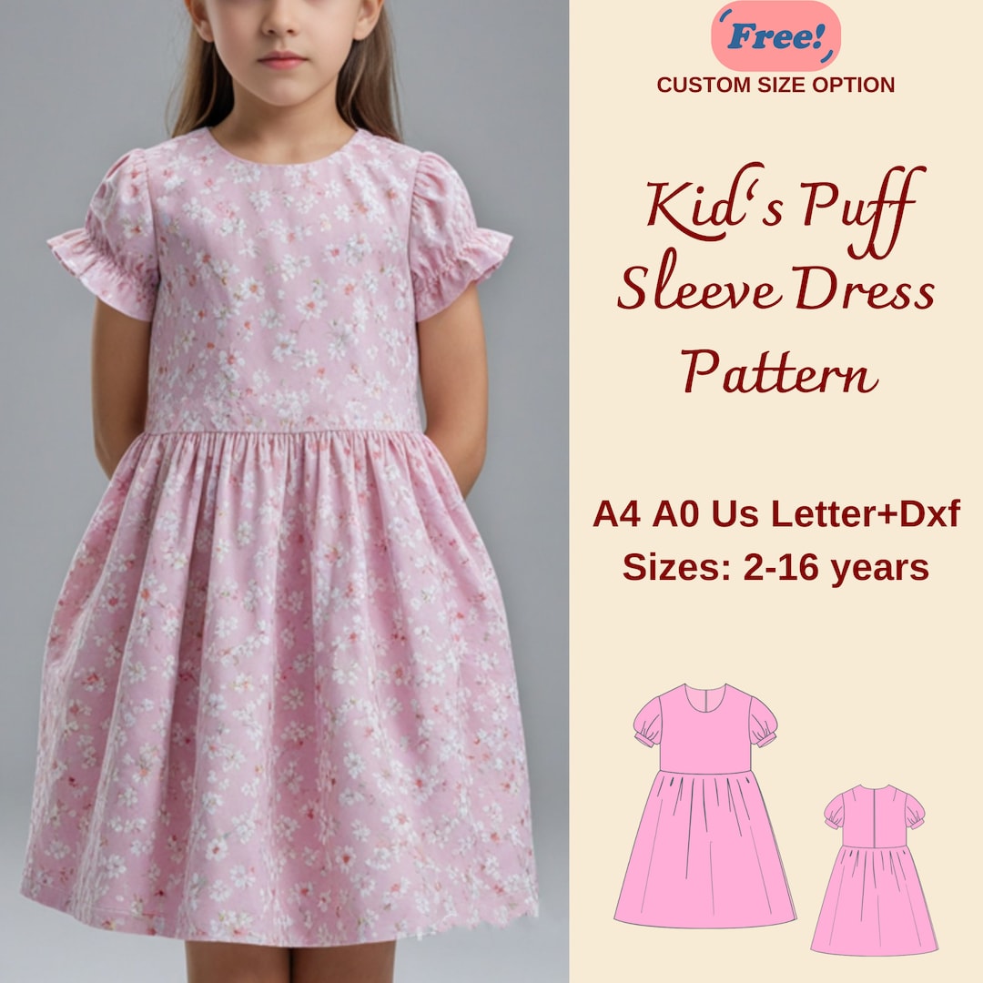 Girls' Puff Sleeve Dress Sewing Pattern, Sizes 2-16 (A4 A0 US DXF ...