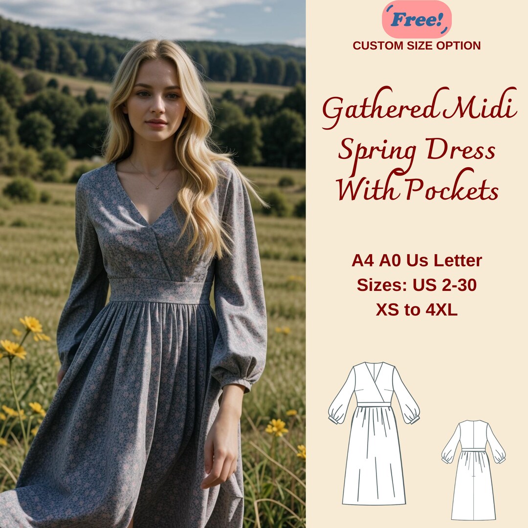 Gathered Midi Spring Dress Sewing Pattern, Sundress Pattern, Milkmaid ...