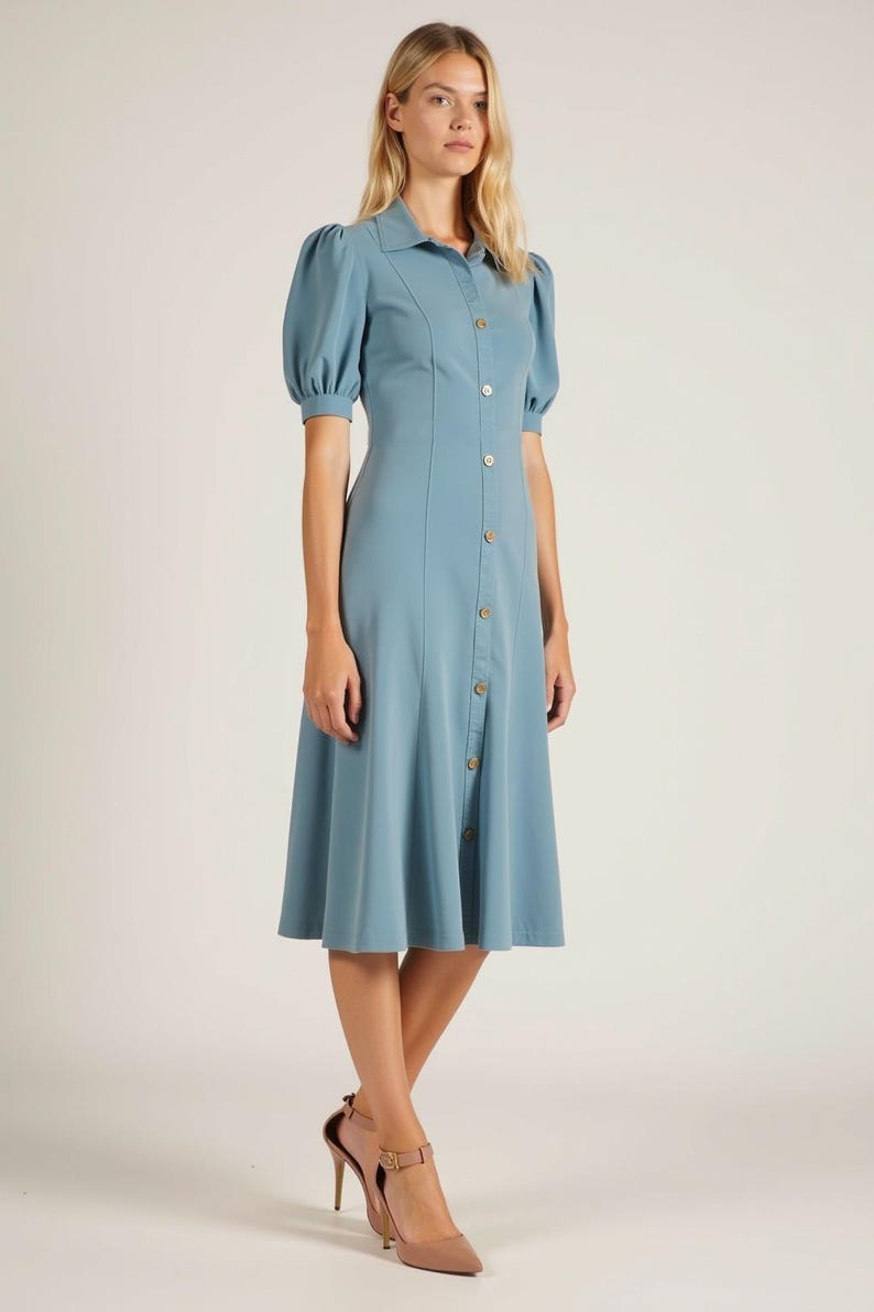 Button Down Midi Dress Sewing Pattern, Puff Sleeve Cottagecore (PDF ...