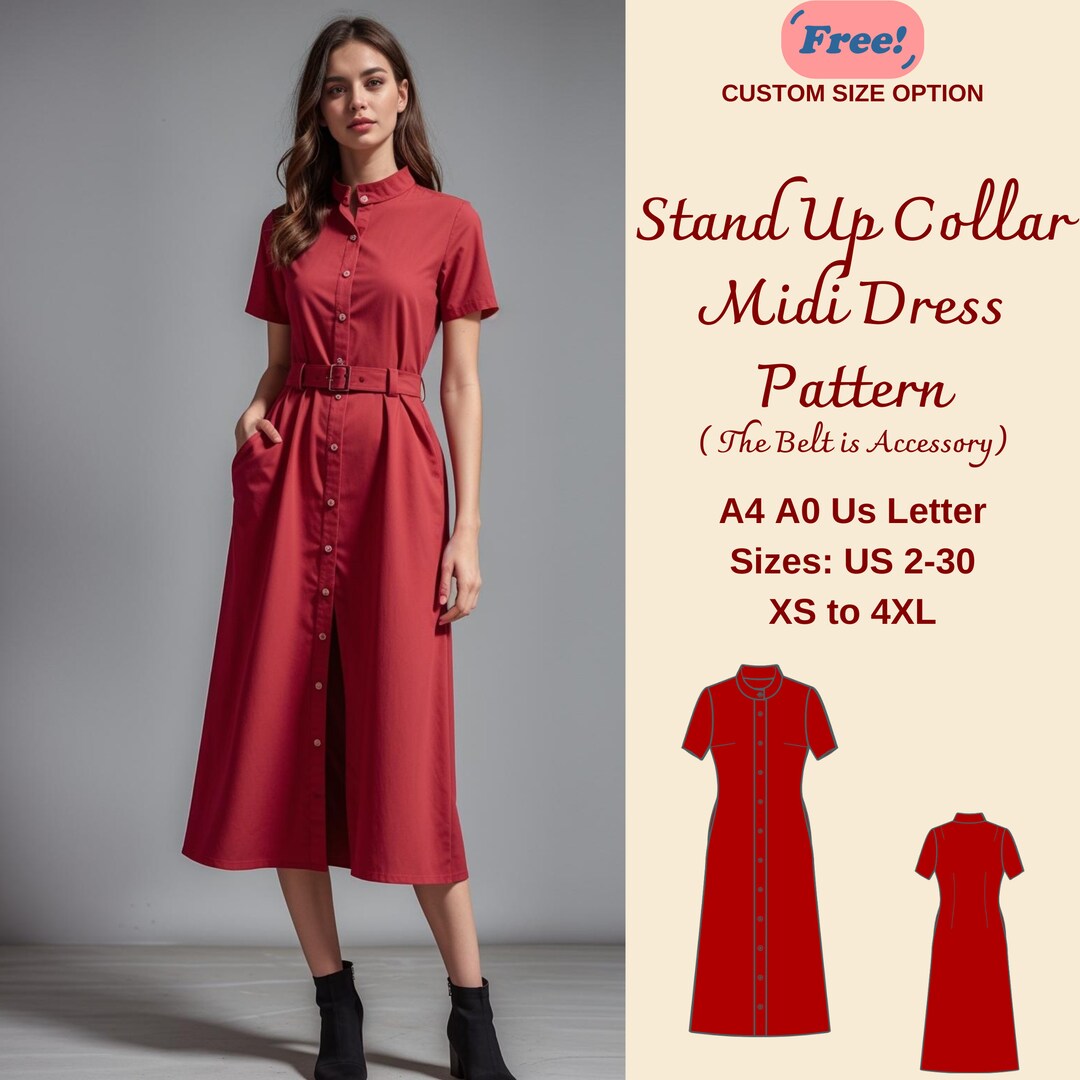 Button Down Midi Dress Sewing Pattern, Stand up Collar, A Line Midi ...