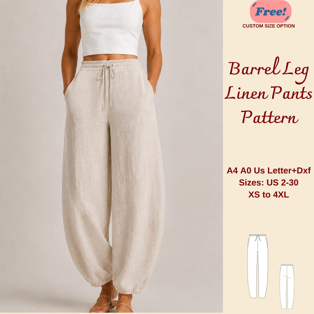 Barrel Leg Linen Pants Sewing Pattern, Women Elastic Waist Pants ...