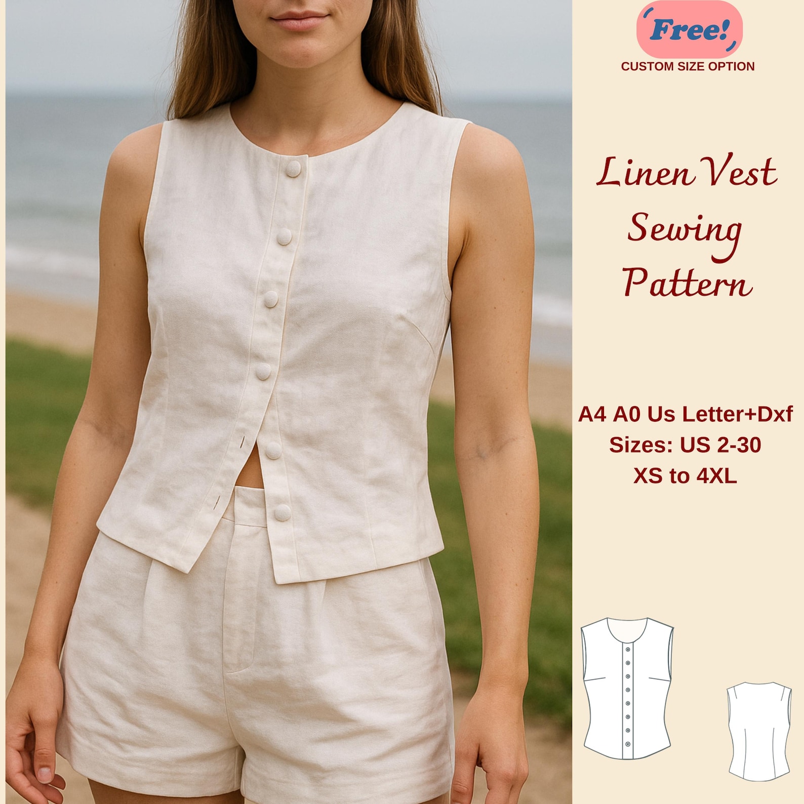 Sleeveless Linen Vest Sewing Pattern, Linen Top Pattern, Basic Top ...