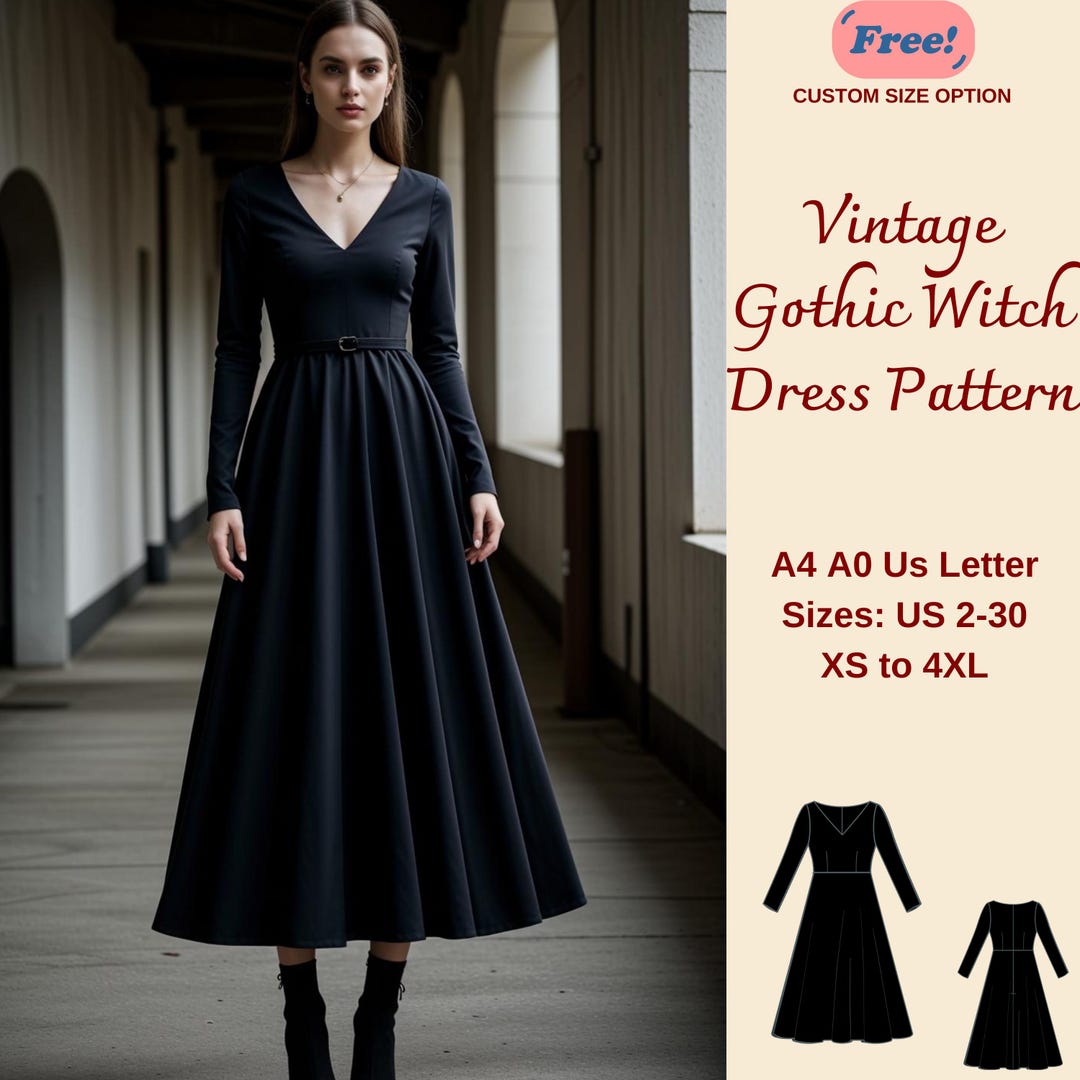 Vintage Gothic Midi Dress Sewing Pattern, Witch Dress, V Neck Dress ...