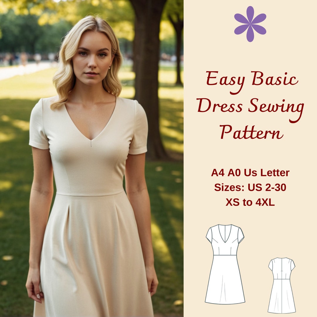 Basic Dress Sewing Pattern, V Neck T-shirt Dress Pattern, Shift Dress ...