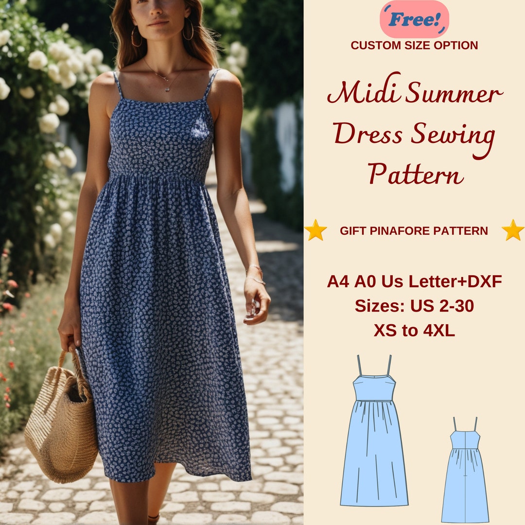 Gathered Midi Summer Dress Sewing Pattern, Sundress Pattern, Milkmaid ...