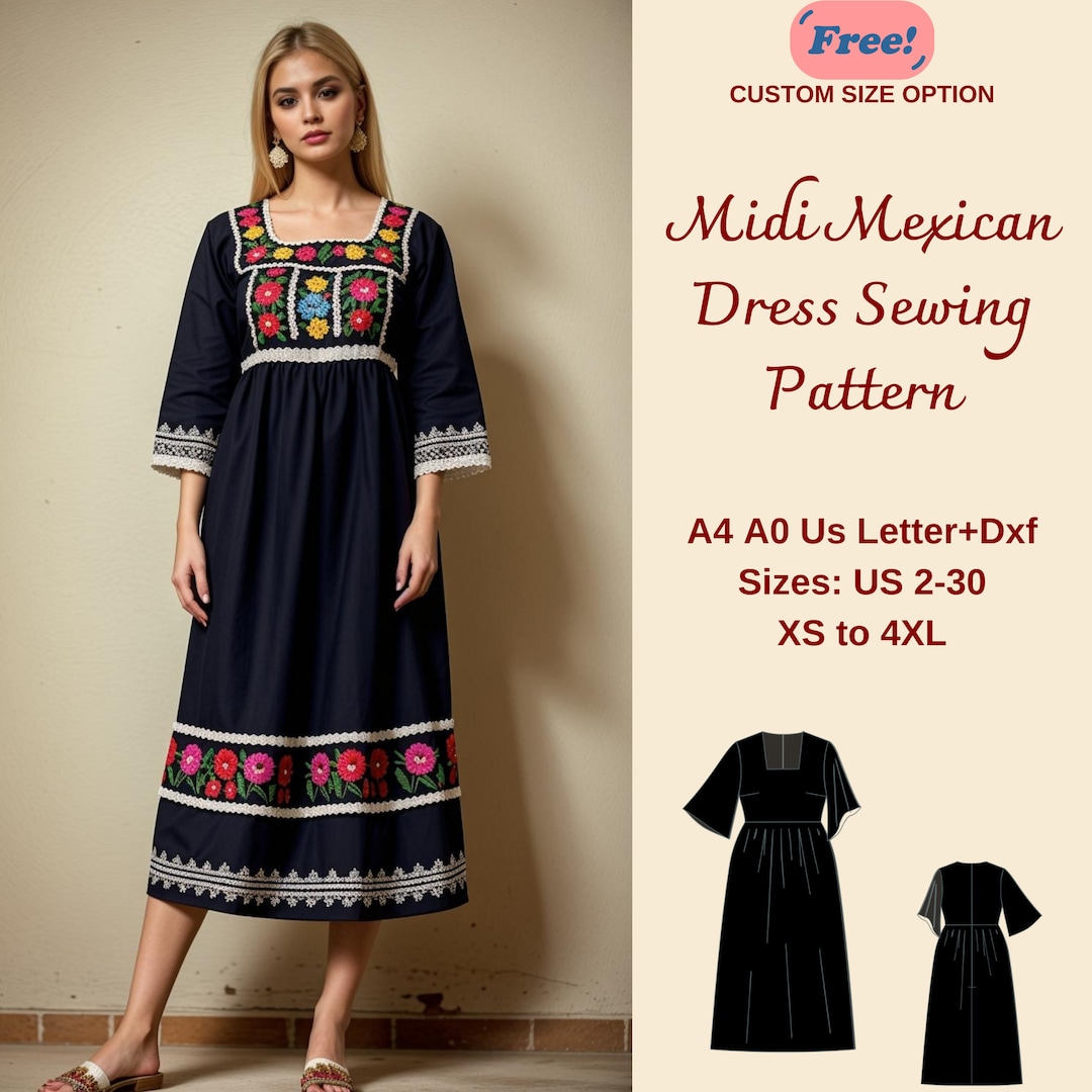 Traditional Mexican Style Dress Sewing Pattern, Floral Embroidered ...