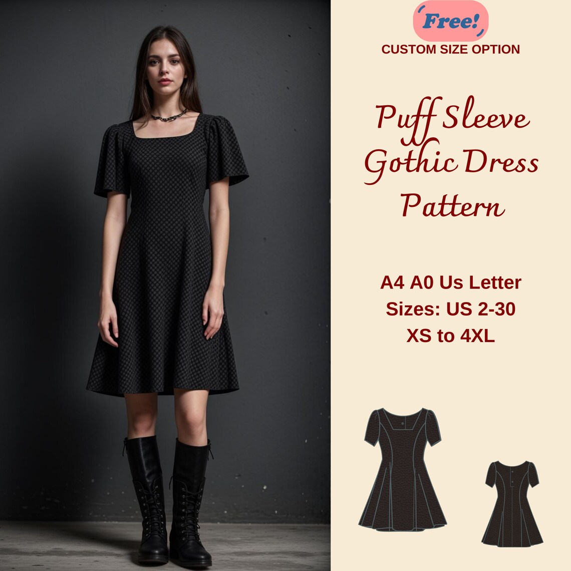 Square Neck Gothic Dress Sewing Pattern, Puff Sleeve (XS-4XL) (digital ...