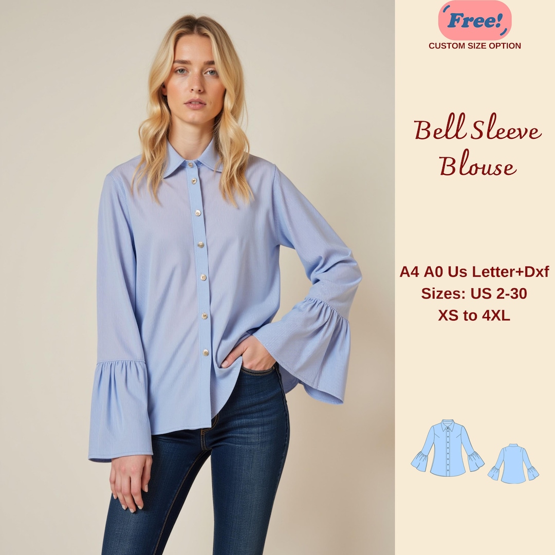 Women's Relaxed Fit Boho Blouse Sewing Pattern, Bell Sleeve Shirt, Boho ...