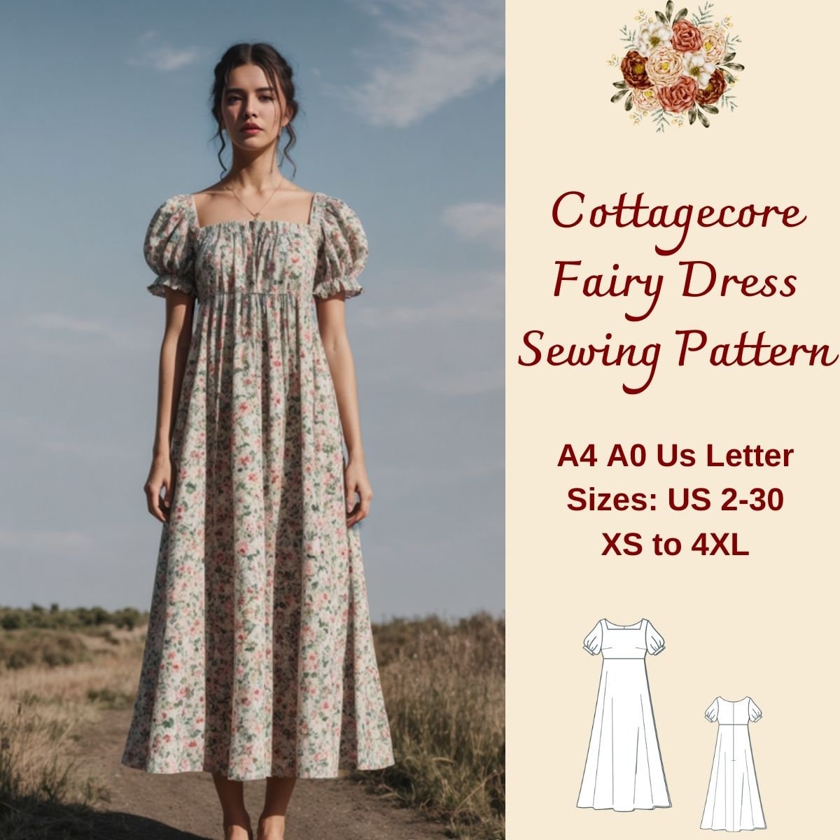 Patron de couture de robe Fairy Cottagecore, robe Renaissance, robe ...