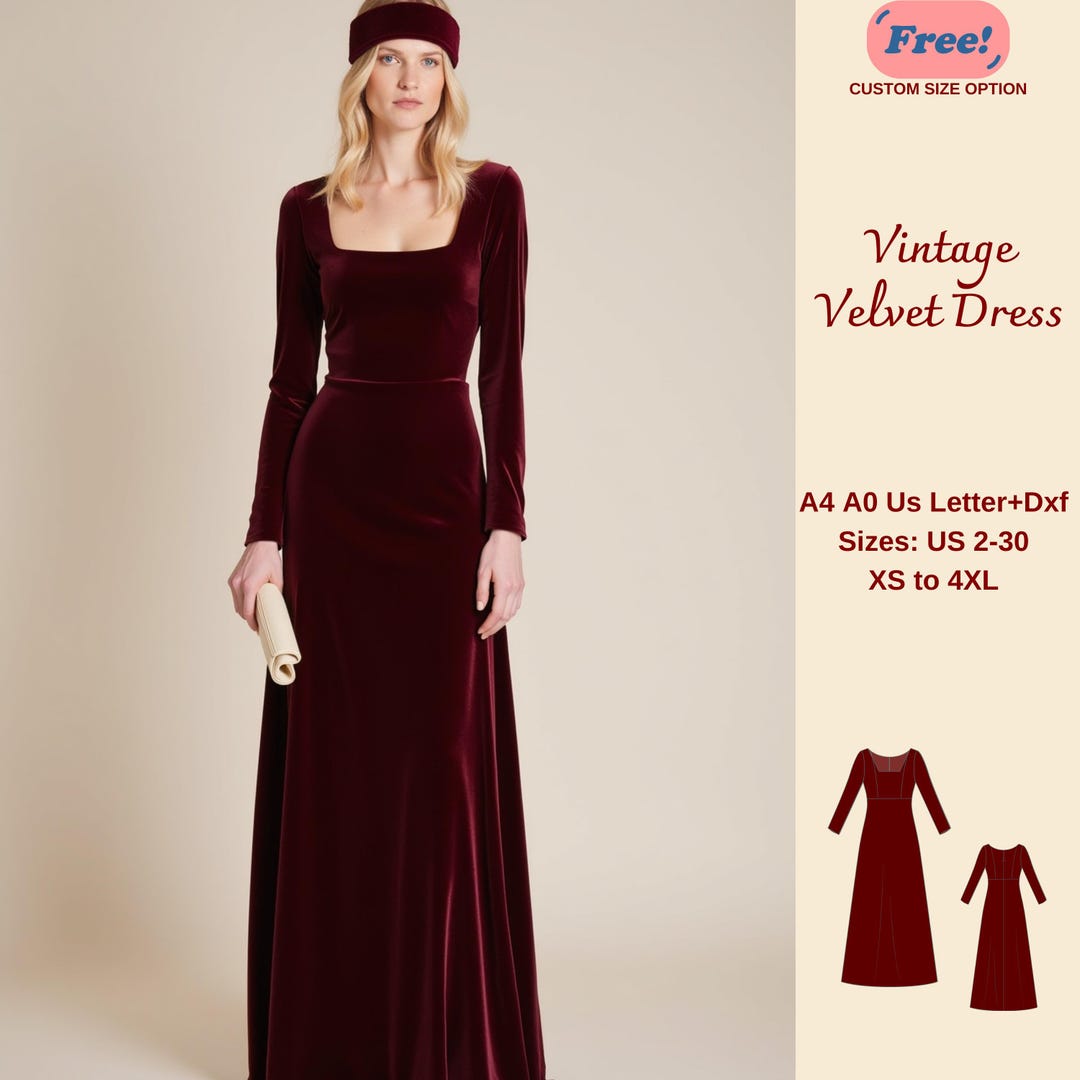 Square Neck Vintage Velvet Dress Sewing Pattern, Maxi Dress, Vintage ...