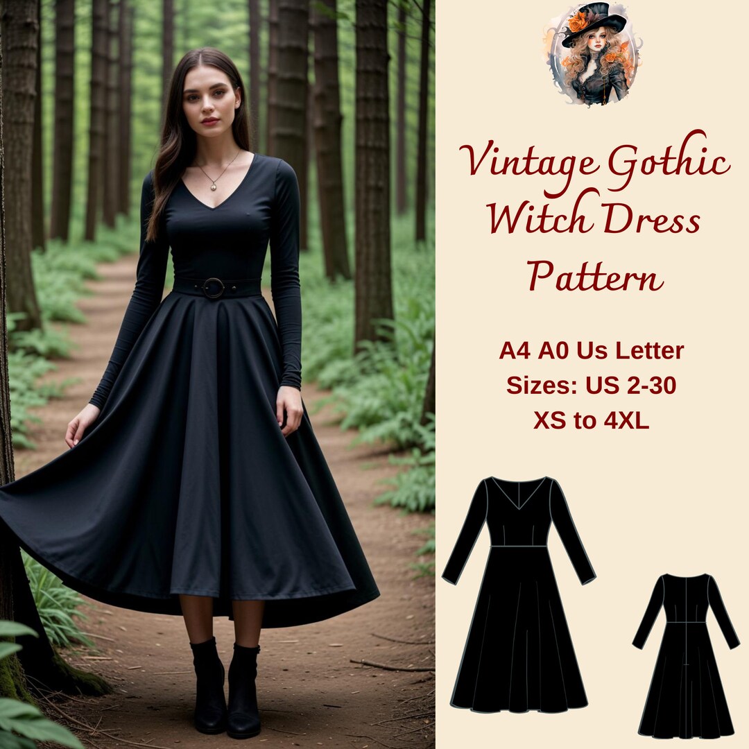 Vintage Gothic Midi Dress Sewing Pattern, Witch Dress, V Neck Dress ...