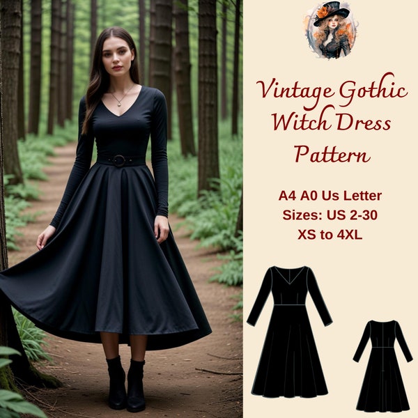 Vintage Gothic Midi Dress Sewing Pattern, Witch Dress, V Neck Dress ...
