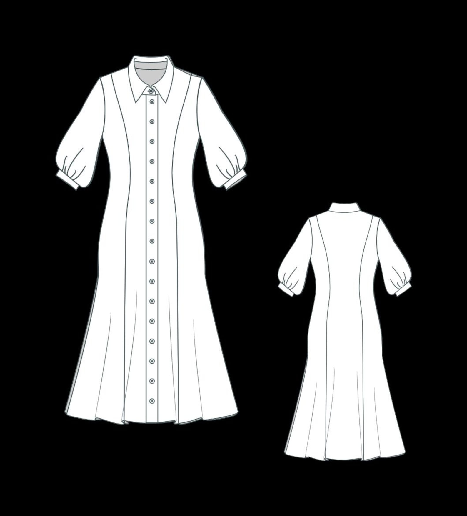 Button Down Midi Dress Sewing Pattern, Puff Sleeve Cottagecore (PDF ...