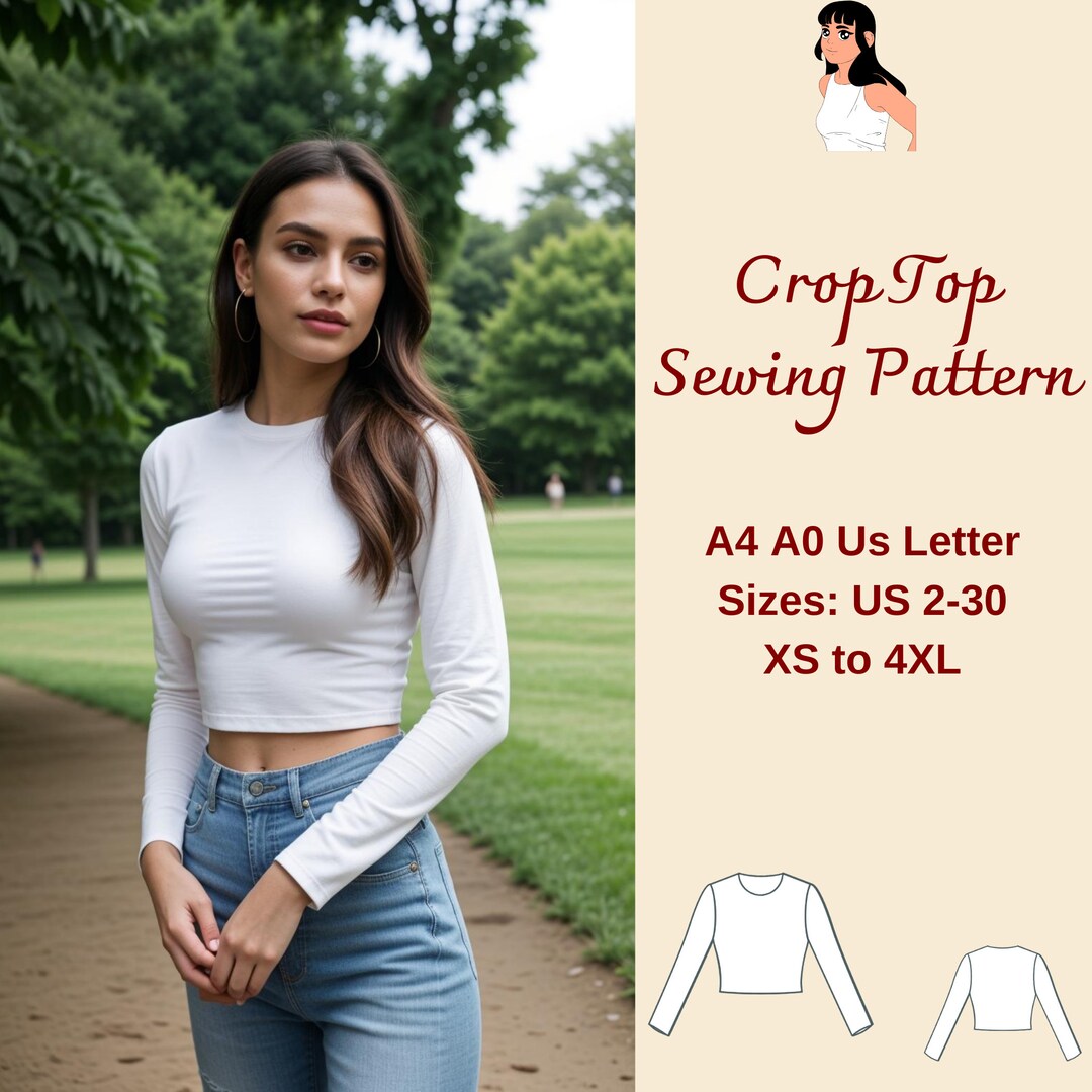 Simple Crop Top Sewing Pattern, Long Sleeve Crop Top, Fitted Crop Top ...