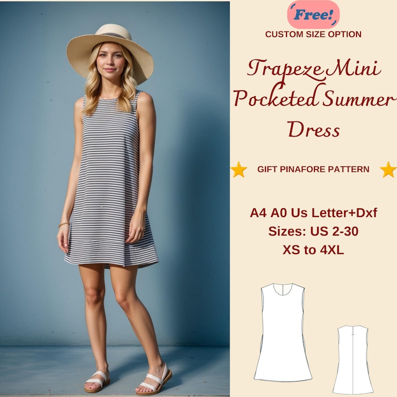 Trapeze Mini Dress Sewing Pattern: Sleeveless Pinafore, XS-4XL (PDF ...