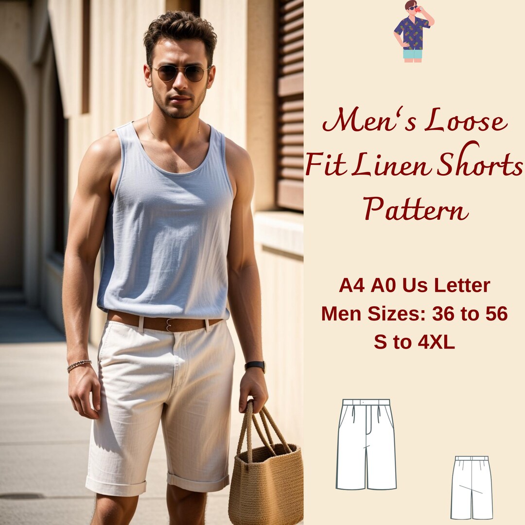 Men's Linen Shorts Sewing Pattern, Loose Fit Pants for Men, Men's ...