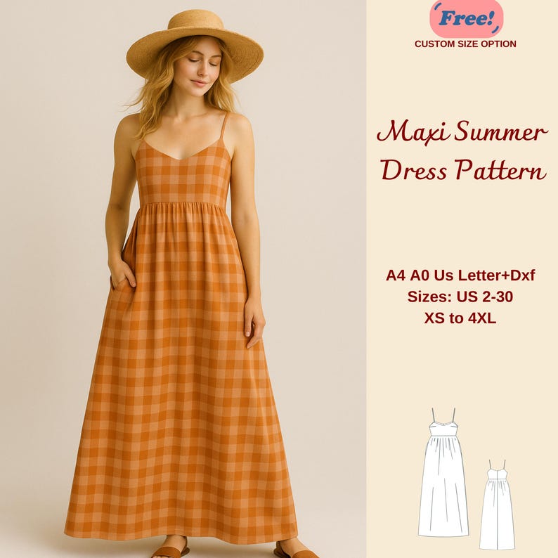 Gathered Maxi Strap Dress Sewing Pattern, Straps Maxi Dress, Sundress ...