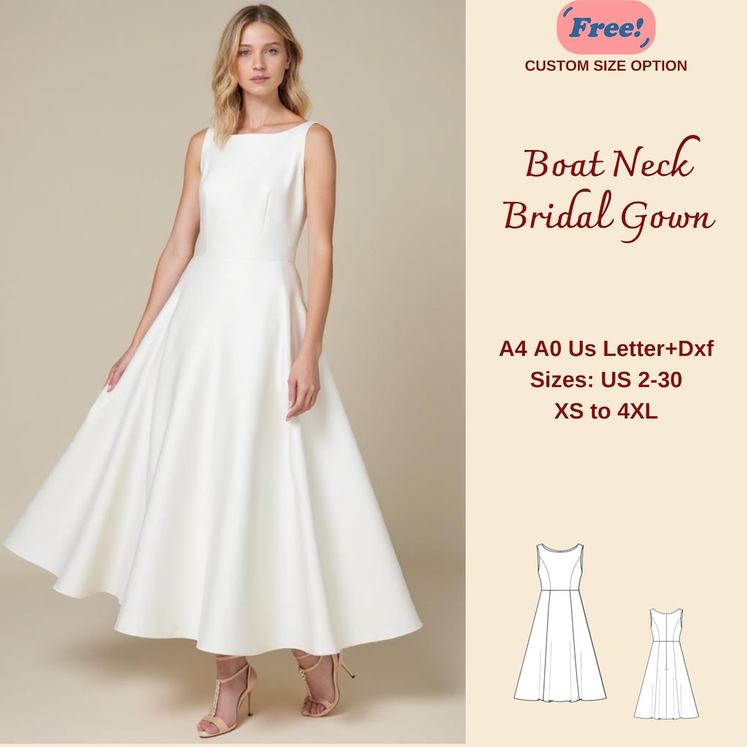 Basic Midi Wedding Dress Sewing Pattern, Boat Neck Bridal Gown, O Neck ...