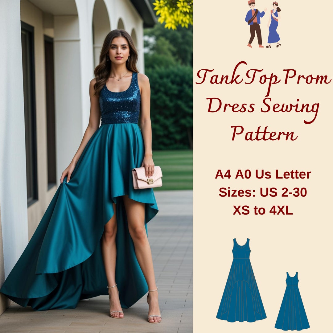 High-low Prom Dress Sewing Pattern: Tank Top Ball Gown (XS-4XL) (PDF ...
