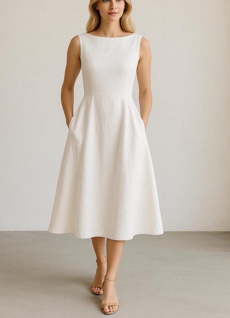A Line Midi Linen Dress Sewing Pattern, Women Linen Dress Pattern, Boat ...