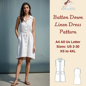 Button Down Linen Dress Sewing Pattern, Button up Dress Sewing Pattern ...