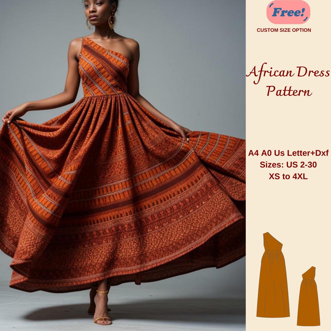 One Shoulder African Dress Sewing Pattern: Maxi Circle, XS-4XL (digital ...