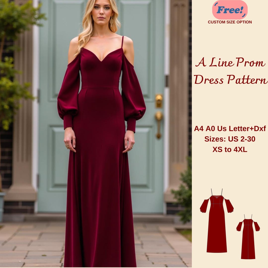 A Line Maxi Prom Dress Sewing Pattern, Prom Dress Pattern, Puff Sleeve ...