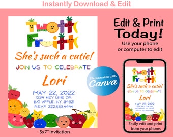 Editable Fruit Theme Birthday Party Invitation Digital Template Instant ...