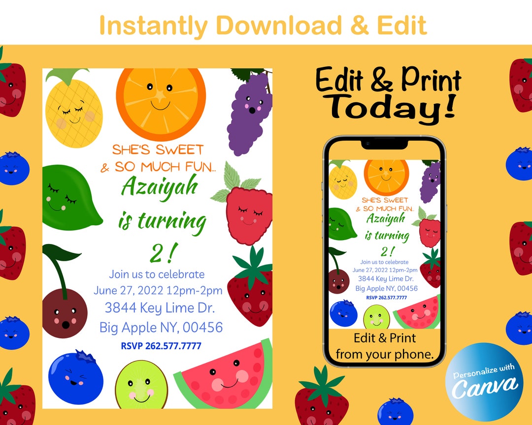 Editable Fruit Theme Birthday Party Invitation Digital Template Instant ...