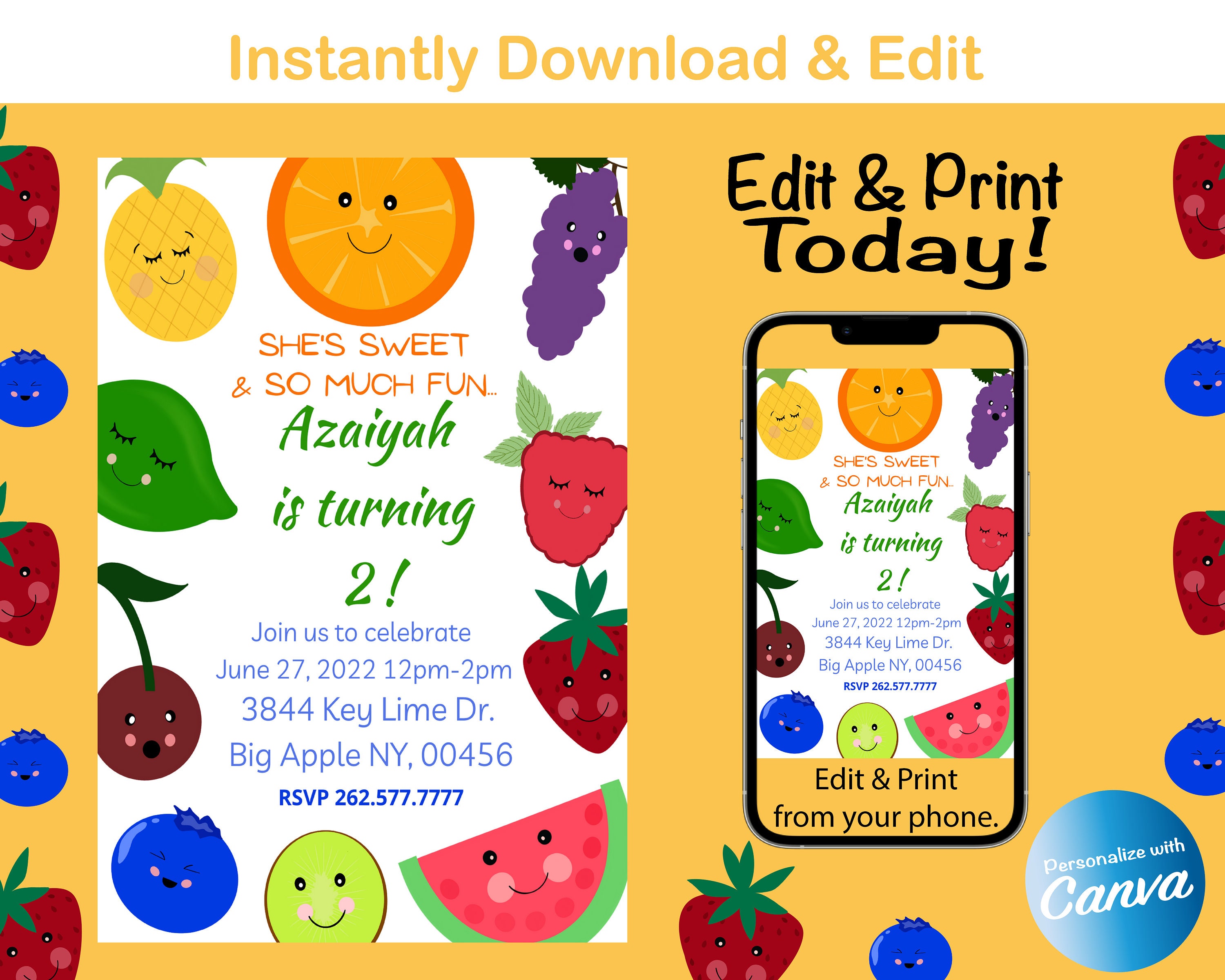 Editable Fruit Theme Birthday Party Invitation Digital Template Instant ...