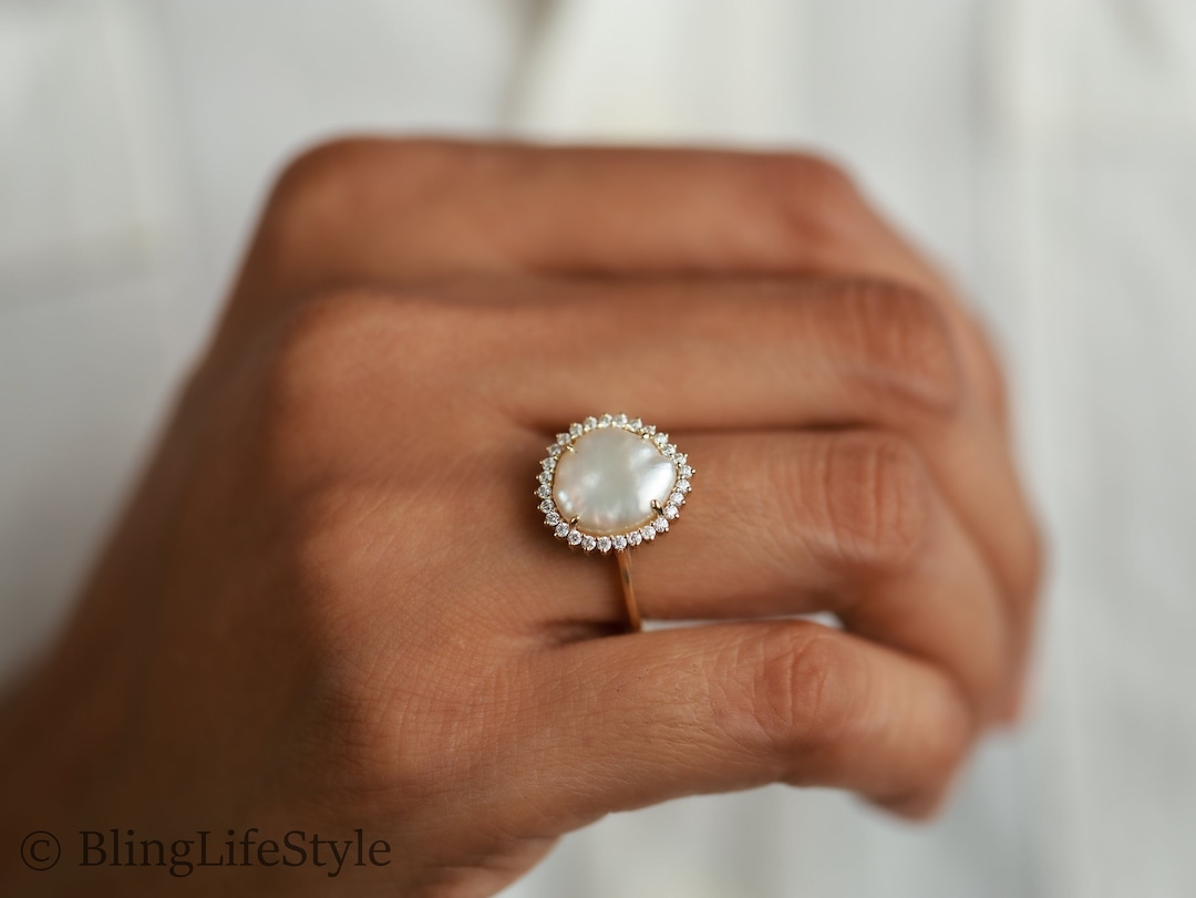 Baroque Pearl Halo Ring, Pearl Moissanites Engagement Ring, Sterling ...