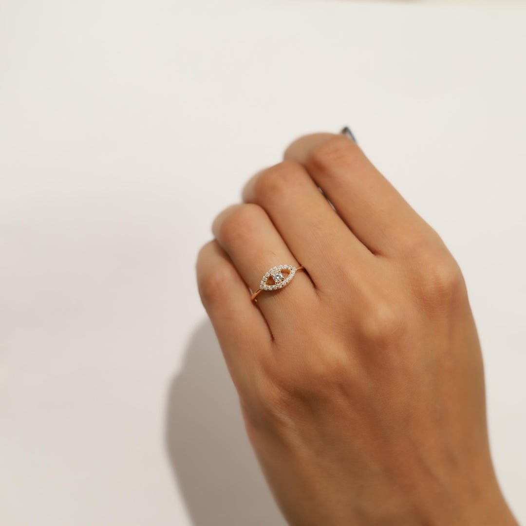 Lab Grown Diamond Evil Eye Ring, 14k Solid Gold Moissanite Stacking ...