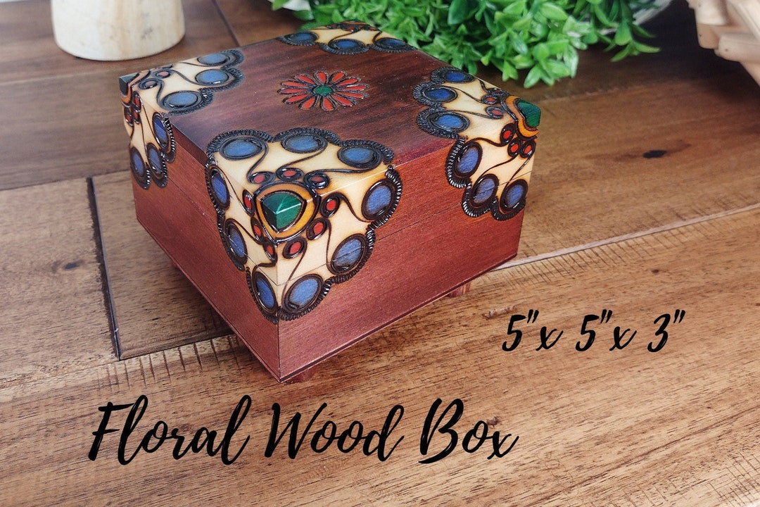 Floral Geometric Wooden Box - Flower Box, Keepsake Box, Memory Box ...