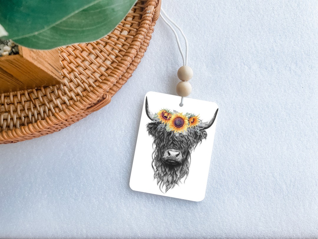 Sunflower Highland Cow Western Rear View Mirror Felt Freshie, Double Sided Oil Diffuser, Boho ...