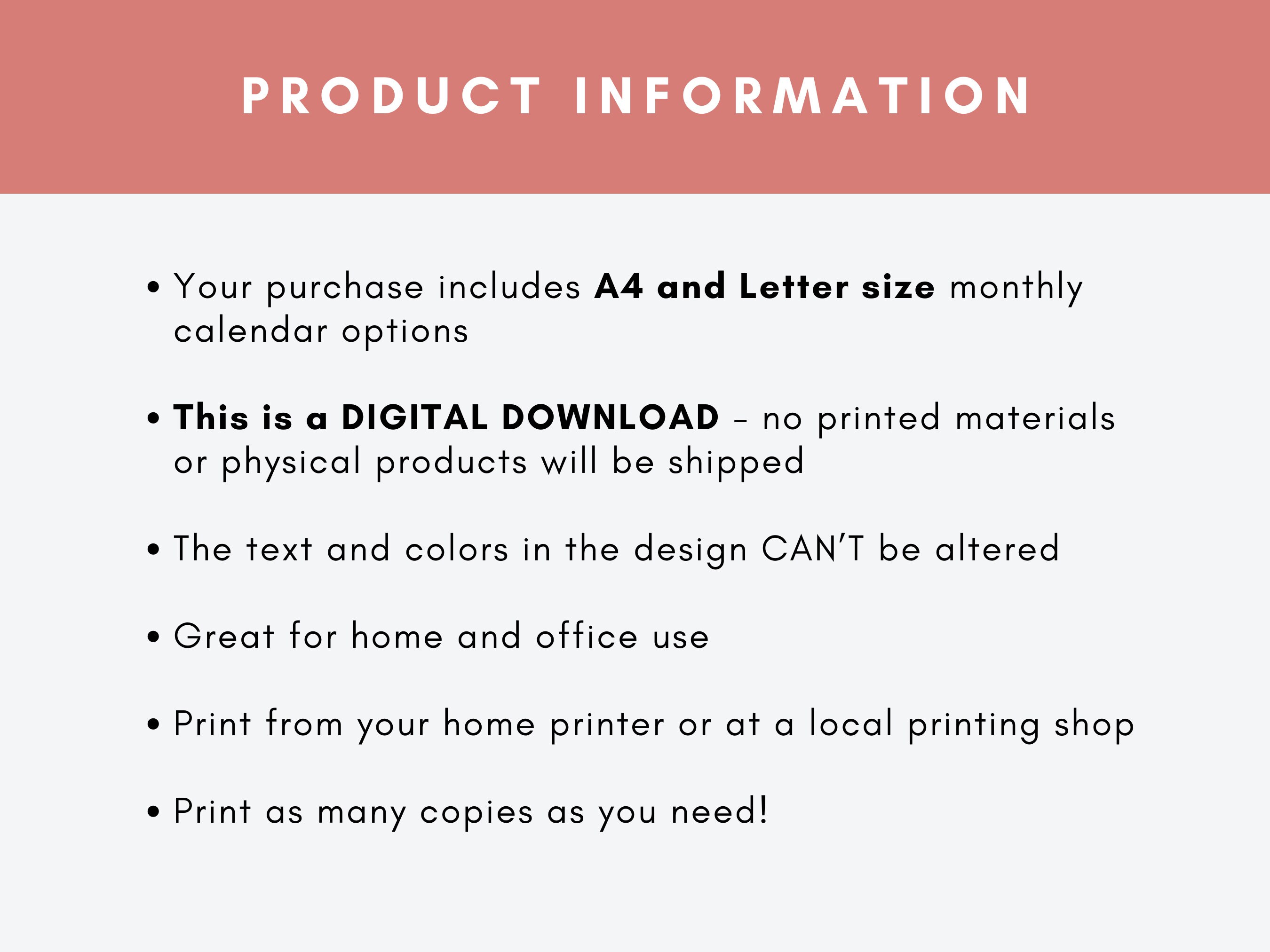 2024 Monthly Calendar Digital Download Instant Download 12 Month ...