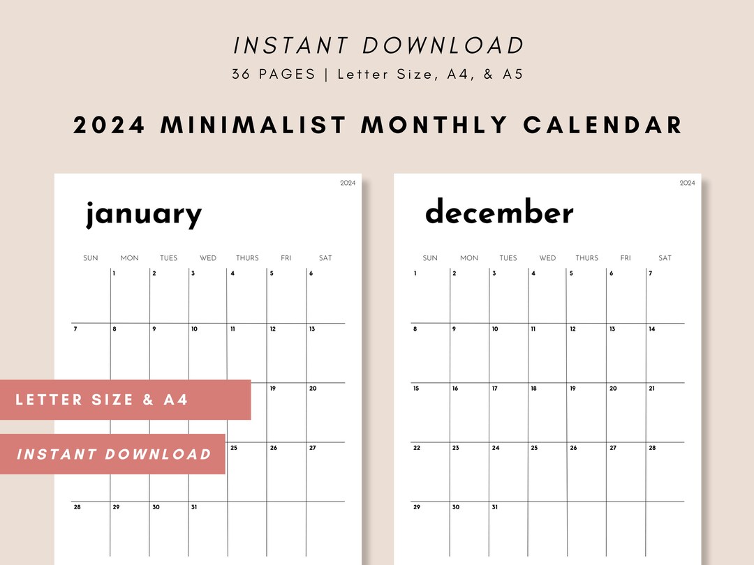 2024 Monthly Calendar Digital Download Instant Download 12 Month ...