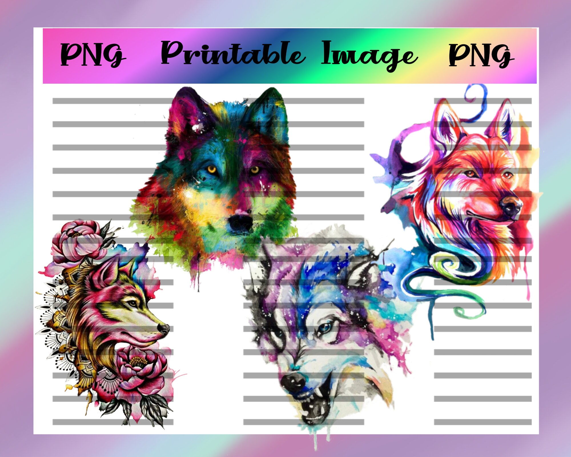 Watercolor Wolf Digital Image Bundle PNG Printable Decal - Etsy