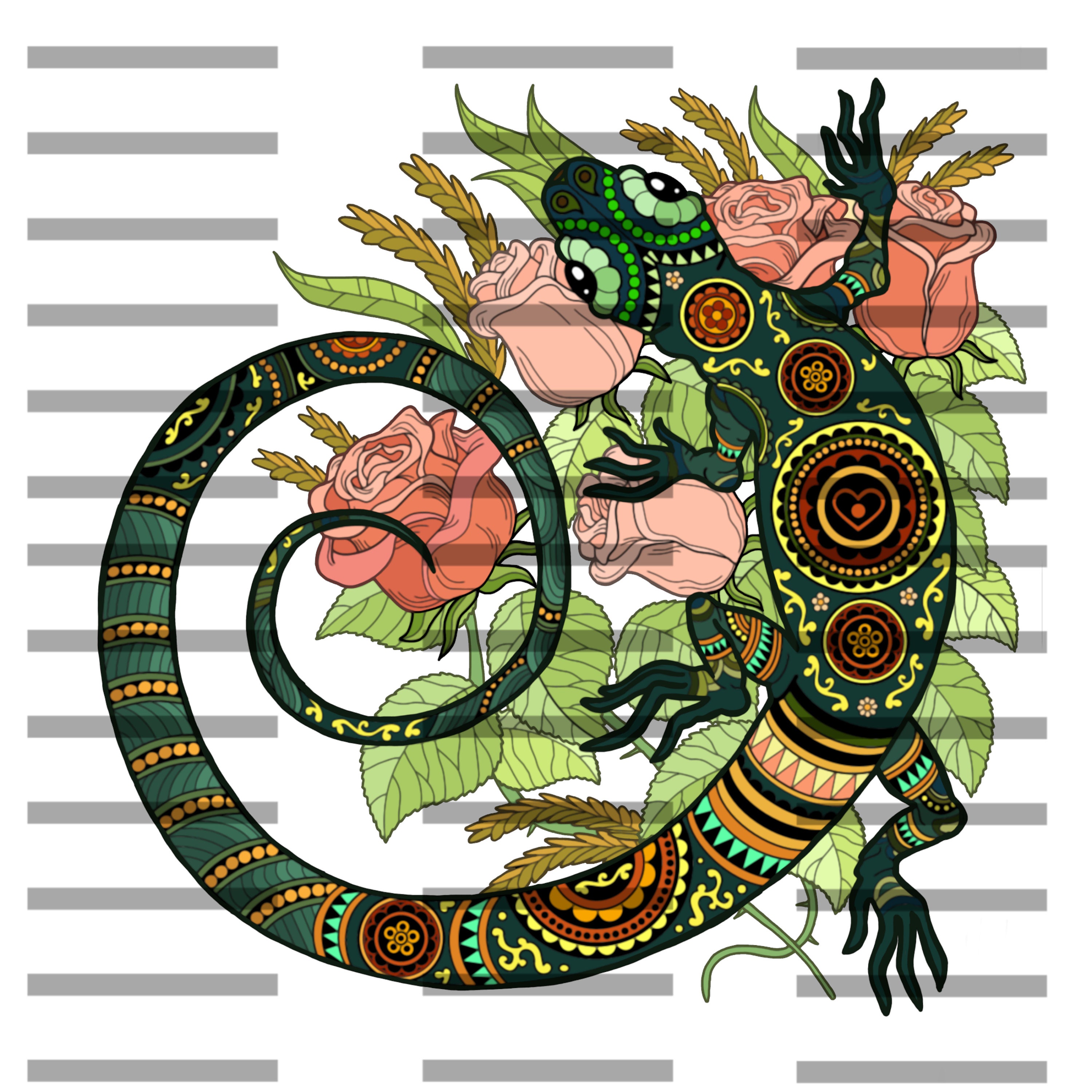 Gecko Lizard With Roses Digital Image PNG Waterslide | Etsy