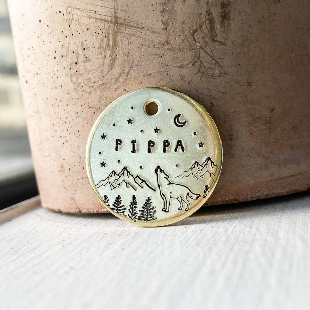 Howling Wolf Dog Tag / Pet Name Tag / Dog ID Tag / Cat ID Tag / Pet ID ...