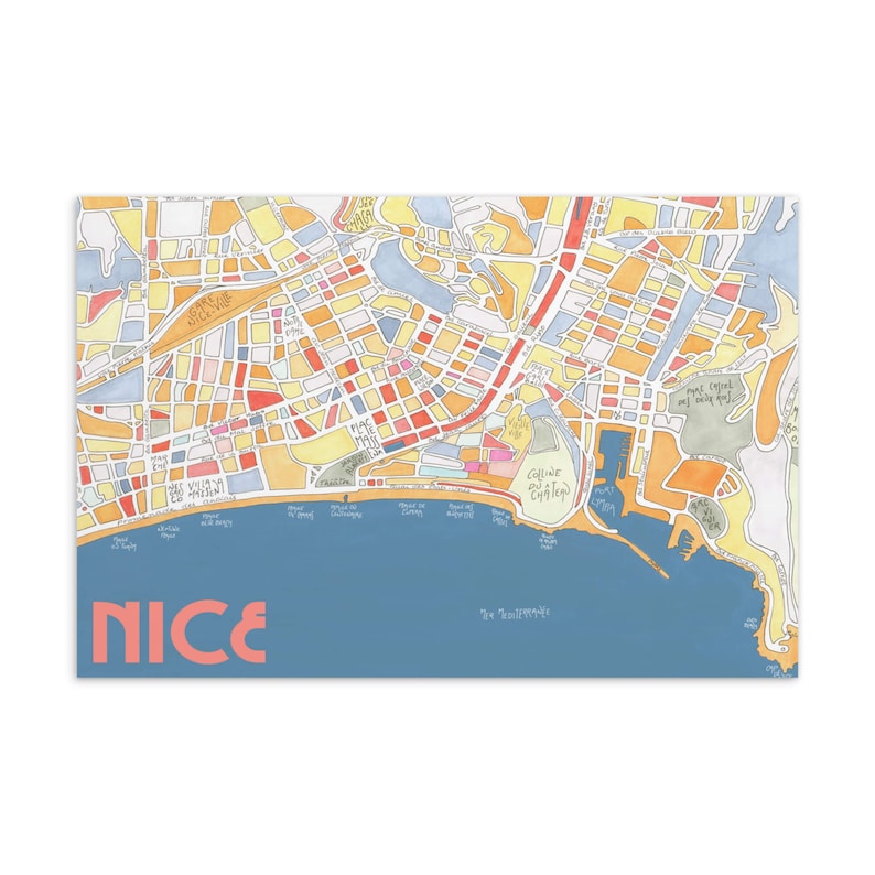 Postcard Map of NICE, FRANCE Handmade Illustration - Etsy