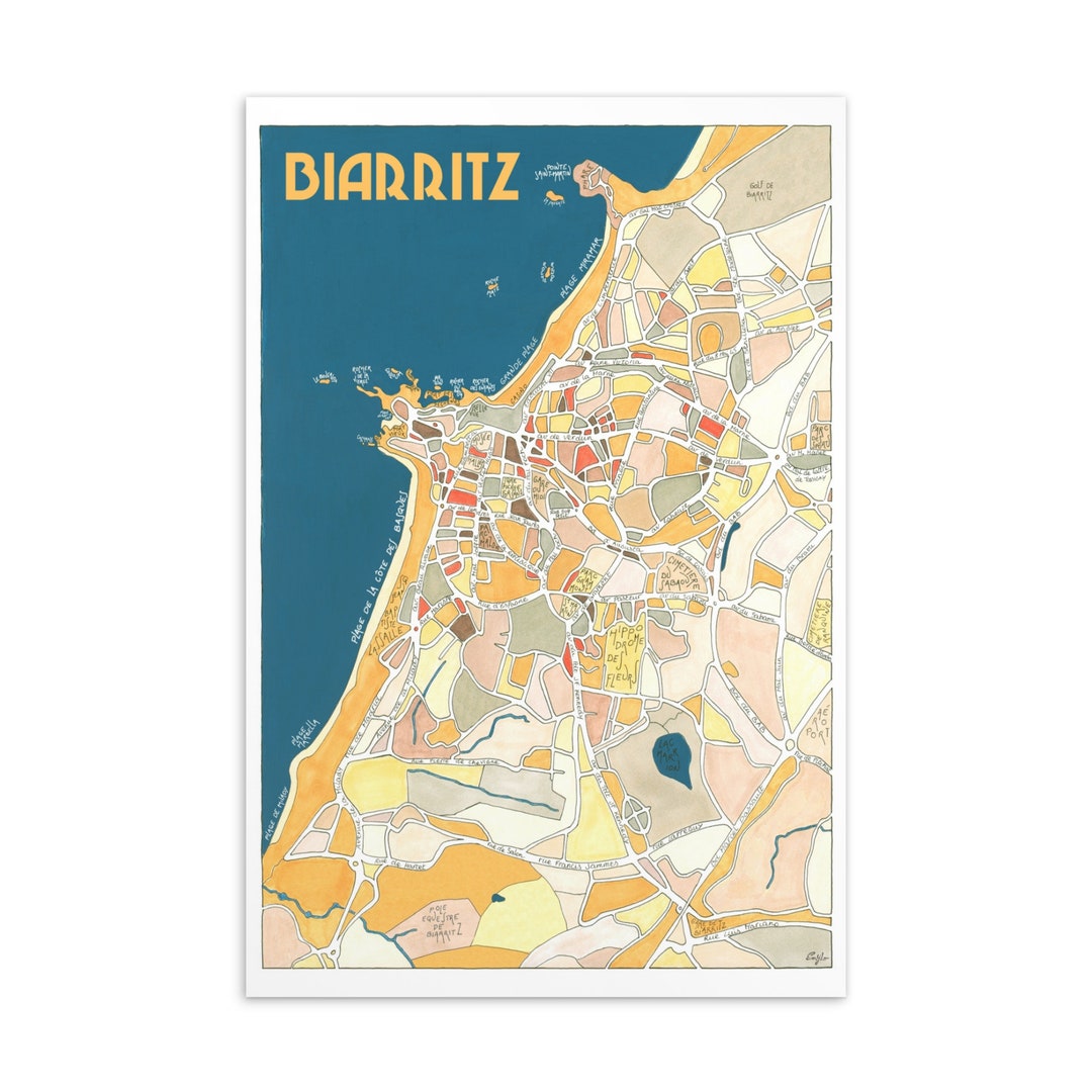 Postcard Map of BIARRITZ, FRANCE Handmade Illustration - Etsy