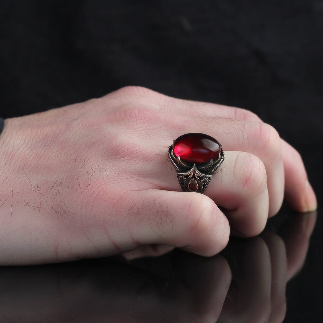 925 Sterling Silver Red Stone Men Ring Handmade Embroided Ring Vintage ...
