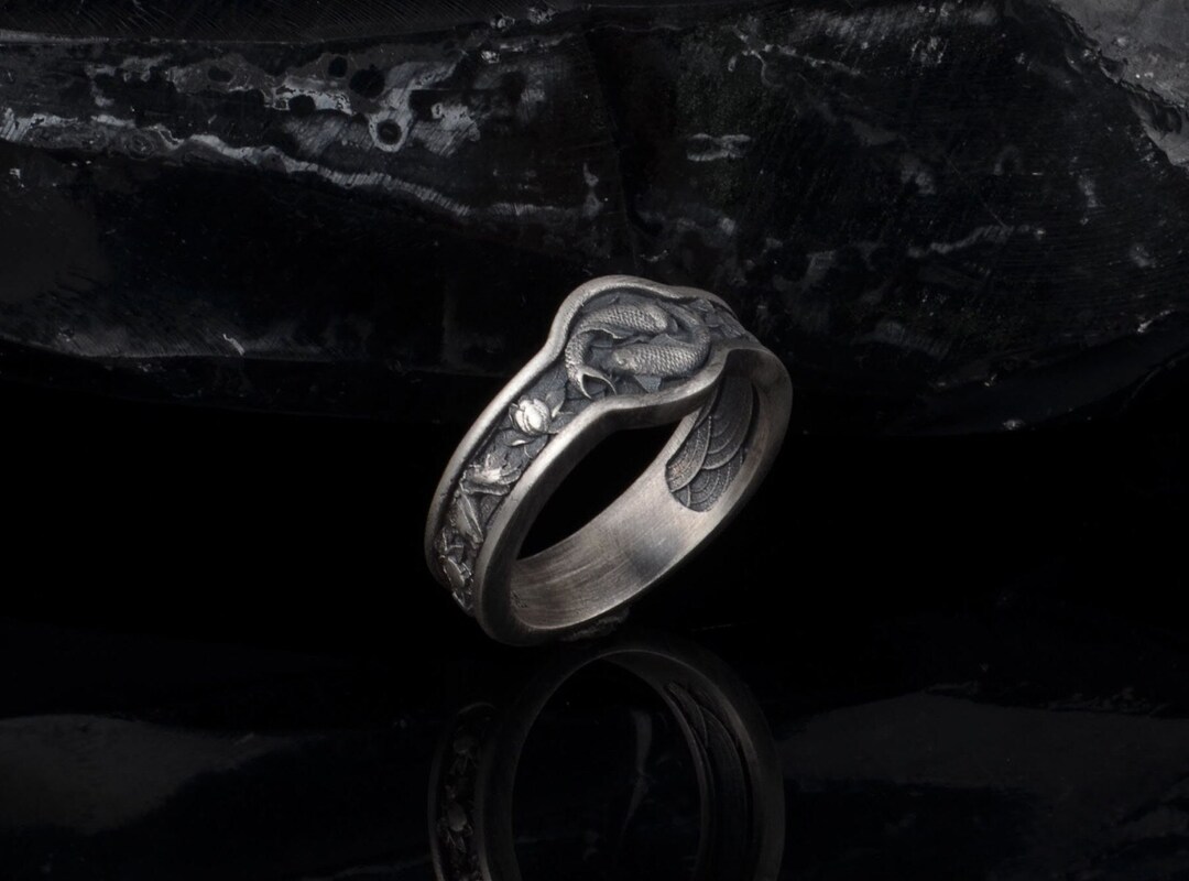 Yin Yang Carp Koi Fish Japanese Ornament Ring, Sterling Silver Handmade ...