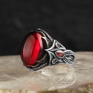 925 Sterling Silver Red Stone Men Ring Handmade Embroided Ring Vintage ...