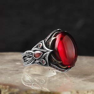 925 Sterling Silver Red Stone Men Ring Handmade Embroided Ring Vintage ...