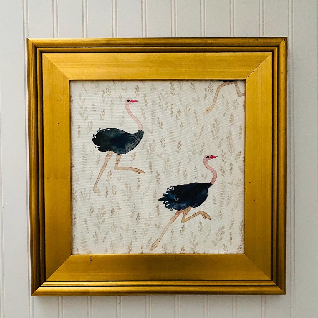 Ostrich Fabric Wall Art Textile Wall Hanging Framed Art Gold Leaf ...