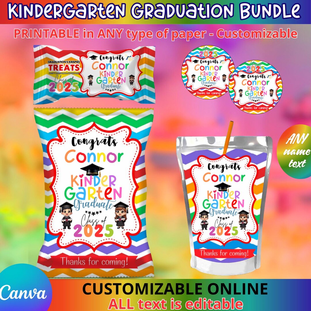 Kindergarder Gratuation Party Favor Templates, Chip Bag, Juice, Rice ...