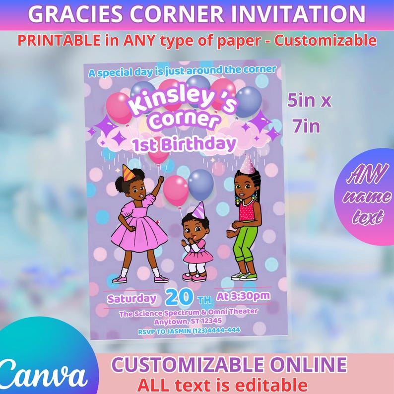 Birthday Gracie Invitation Template 5x7in. Printable and Editable in ...