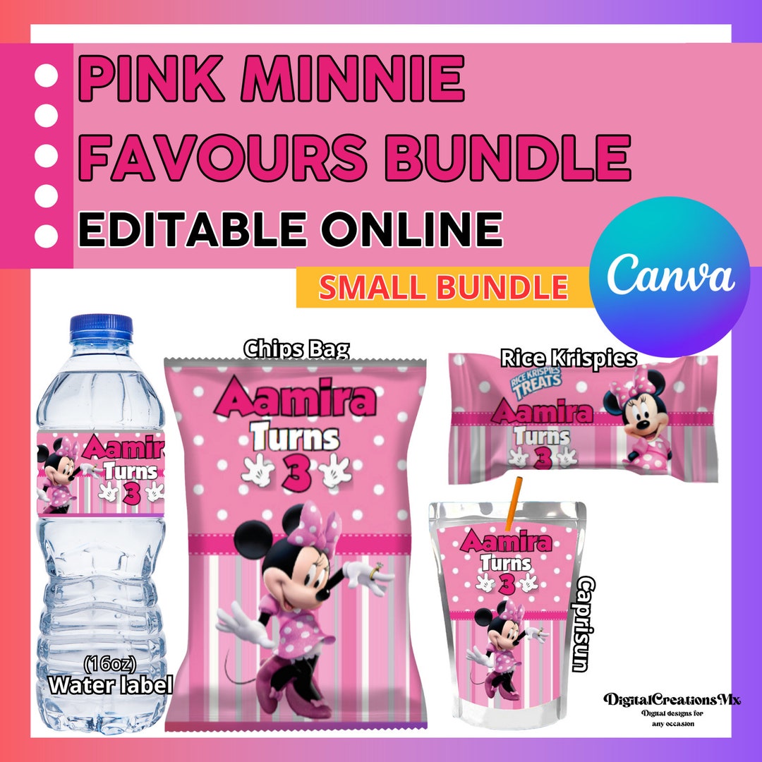 Minnie Mouse Pink 4 Party Favors, Water Bottle, Chip, Candy Bars, Juice ...